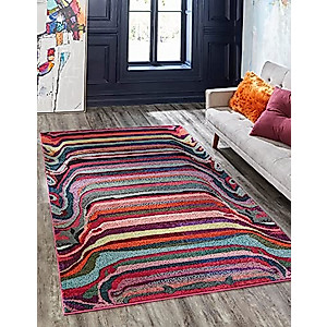 Unique Loom Chromatic Collection Modern Colorful Striped & Vibrant Abstract Area Rug for Any Home Décor, 5' 0" x 8' 0", Multi/Pink