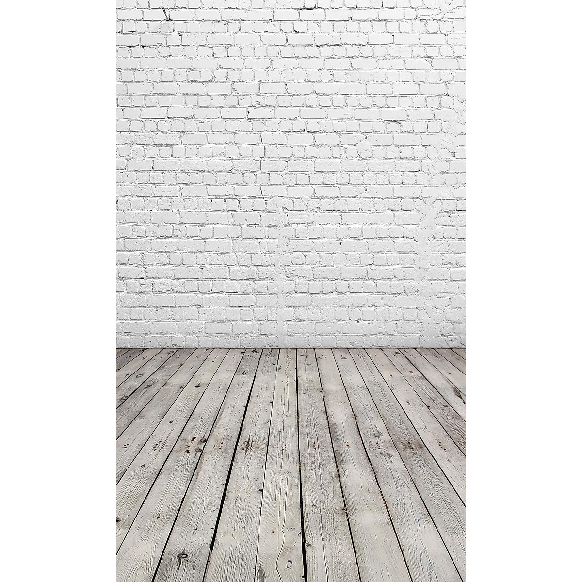 6'x10' White Brick Wall with Gray Wooden Floor Photography Backdrop Vinyl Background for Pictures D-2504