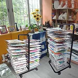 Metal Steel Wire Drying Rack for Classroom Painting Crafts, Artworks Prints Storage Art Display Rack for Art Studio and Home Use, Easy Moving with Wheels, Black (Size : 20 Shelves)