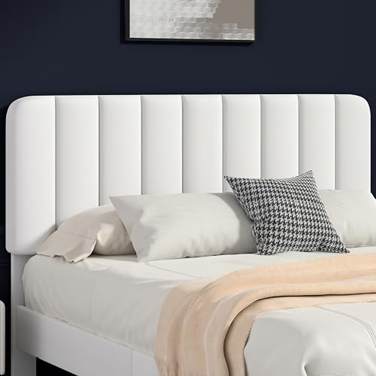 VECELO Queen Size Upholstered Bed Frame with Adjustable Headboard, Velvet Platform Bedframe Mattress Foundation, Strong Wood Slat Support, No Box Spring Needed, White
