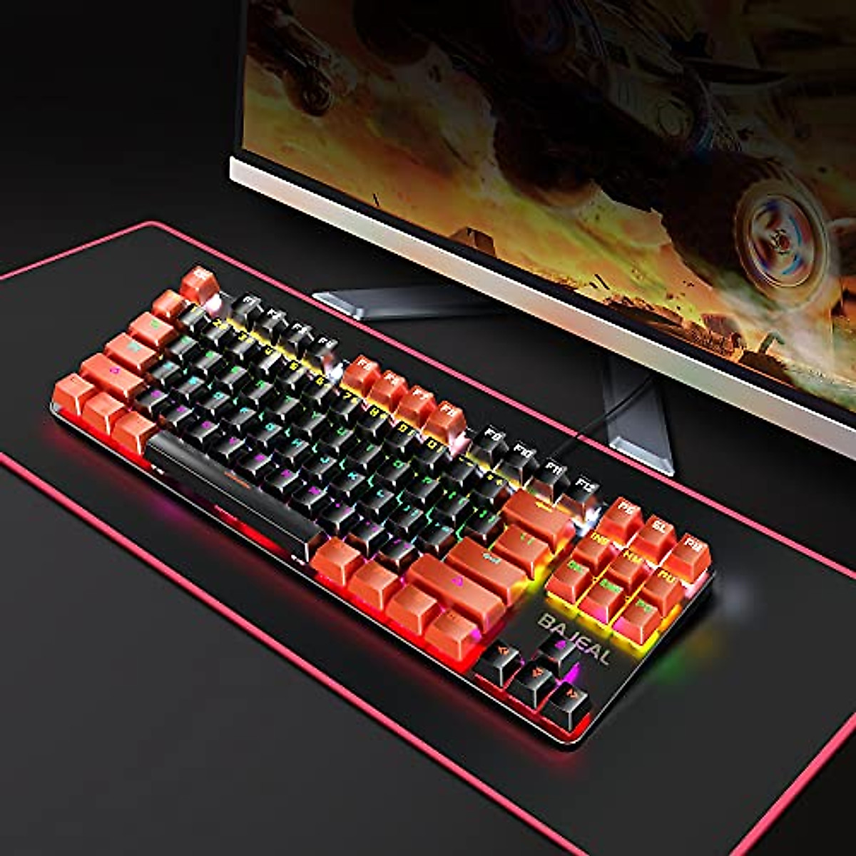BAJEAL Wired Mechanical Keyboard RGB Backlit Teclado Hot Swappable with Blue Switches for Gaming PC Compact 87 Keys 80% (Black and Orange)