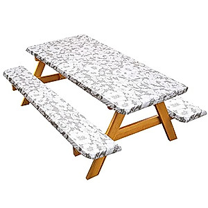Vinyl Picnic Tablecloths and Bench Covers, Waterproof Wipeable Picnic Table and Bench Seat Covers with Elastic Edges for Outdoor Patio Park, Gray Flower Flannel Backed Lining, 72 Inch 3 Piece Set