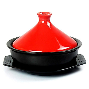 MYYINGBIN Healthy Lead Free Ceramic Tagine Pot with Wooden Shovel and Tray, Stew Casserole Slow Cooker, 23cm, Red