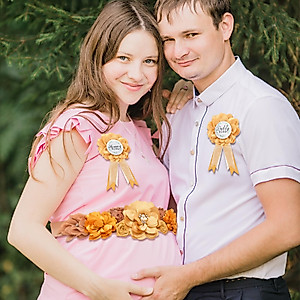 SKJIAYEE Gold Brown Maternity Sash Baby Shower Decorations, Mom to Be & Daddy to Be Corsage for Gender Reveal Party Supplies Belly Belt Gift Keepsake Pregnancy Photo Props (Pure Handmade)