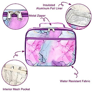 LEDAOU Lunch Bag Insulated Lunch Box Kids Girls Insulated Reusable Lunch Bag for School Work Picnic Hiking (Marble Purple White)