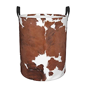 Western Cow Print Laundry Hamper - Brown Cowhide Basket with Handles Animal Skin Pattern Washing Bucket Foldable Dirty Clothes Toys Storage Bag Organizer for Girls Women Bedroom Bathroom Dorm