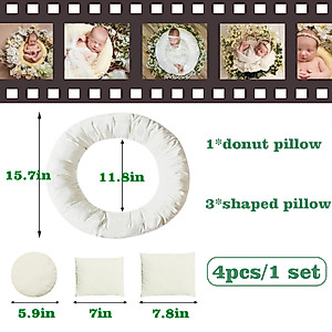4PC Newborn Photography Props Baby Posing Aid Pillow Beans Bag 1pc Donut +3 pcs Posing Pillow Photograph Shoot Set for 0-4 Months Baby White