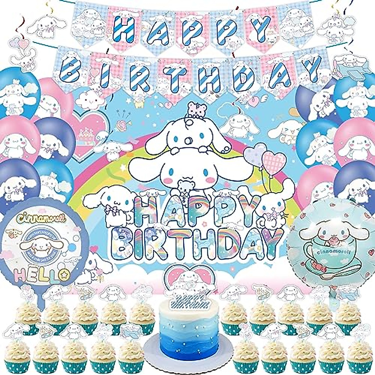 Kawaii Birthday Decorations, Cute Party Supplies Include Banner, Hanging Swirl, Balloon, Backdrop, Cupcake Toppers for Kawaii Birthday Supplies