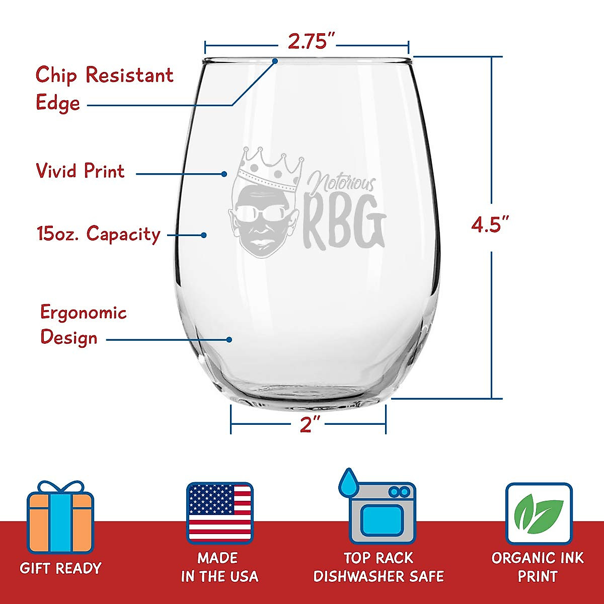 Set of 4 Ruth Bader Ginsburg Wine Glasses (15 oz) | Birthday Present for RBG Fan| Unique Patriotic Glassware Celebrating Women’s Rights | Funny & Humorous Feminist Gifts for Women | Made in USA