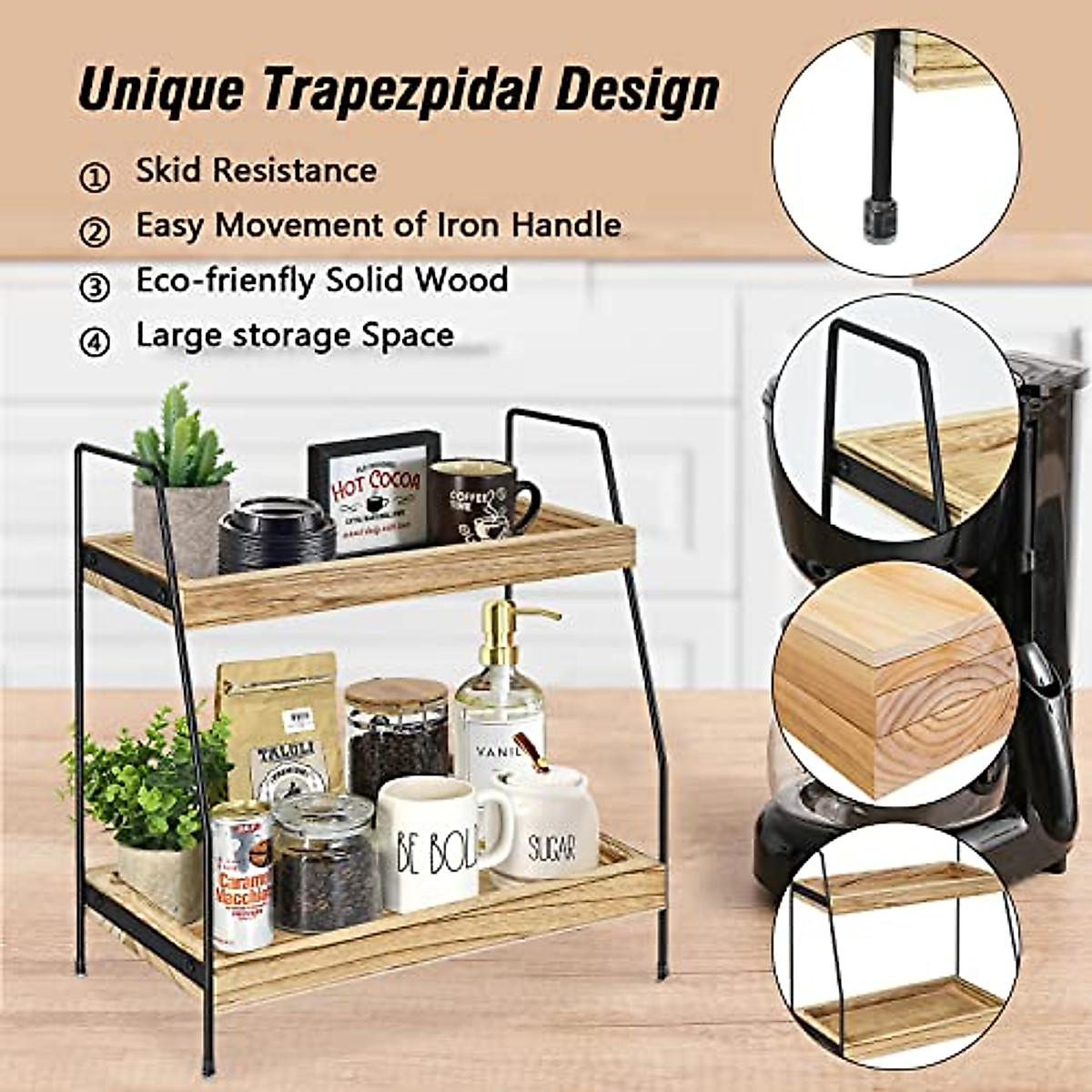 Countertop Coffee Station Organizer, Wood Coffee Bar Accessories Organizer for Coffee Bar Decor, Coffee K Cup Pods Holder Condiment Organizer, 2 Tier Countertop Organizer Shelf for Bathroom Kitchen