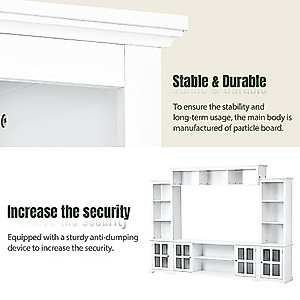 Merax Minimalism Style Entertainment Wall Unit with Bridge, Multifunctional TV Stand with Tempered Glass Door Modern Console Table for Televisions Up to 70”, 104.3 inch Length, White