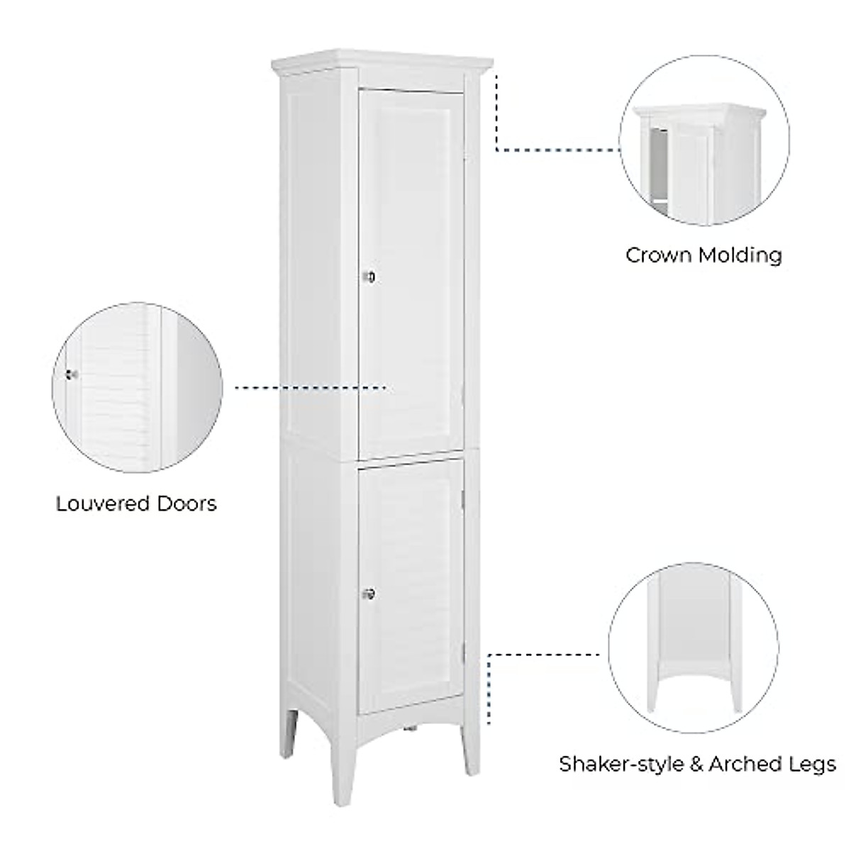 Elegant Home Fashions Glancy Linen Tower Freestanding Cabinet Tall Narrow Bathroom Kitchen Living Room Storage with 2 Shutter Doors 5 Tier Shelves, White, Standard