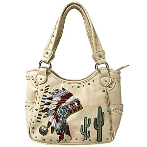 Justin West Native American Chieftain Cactus Feathers Embroidered Studded CCW Concealed Carry Shoulder Purse Handbag Wallet (Beige)