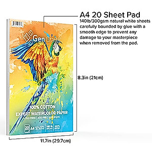 GenCrafts 100% Cotton Watercolor Paper Pad - A4 8.3x11.7" - 20 Sheets (140lb/300gsm) - Cold Press Acid Free Art Sketchbook Pad for Painting & Drawing, Wet, Mixed Media