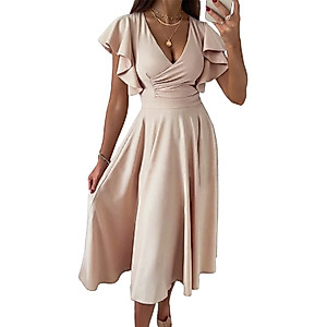 Dokotoo Womens Midi Formal Wedding Guest Dresses V Neck Elegant Party Skater Dress Valentines Dress for Women Summer Dress Apricot 2XL