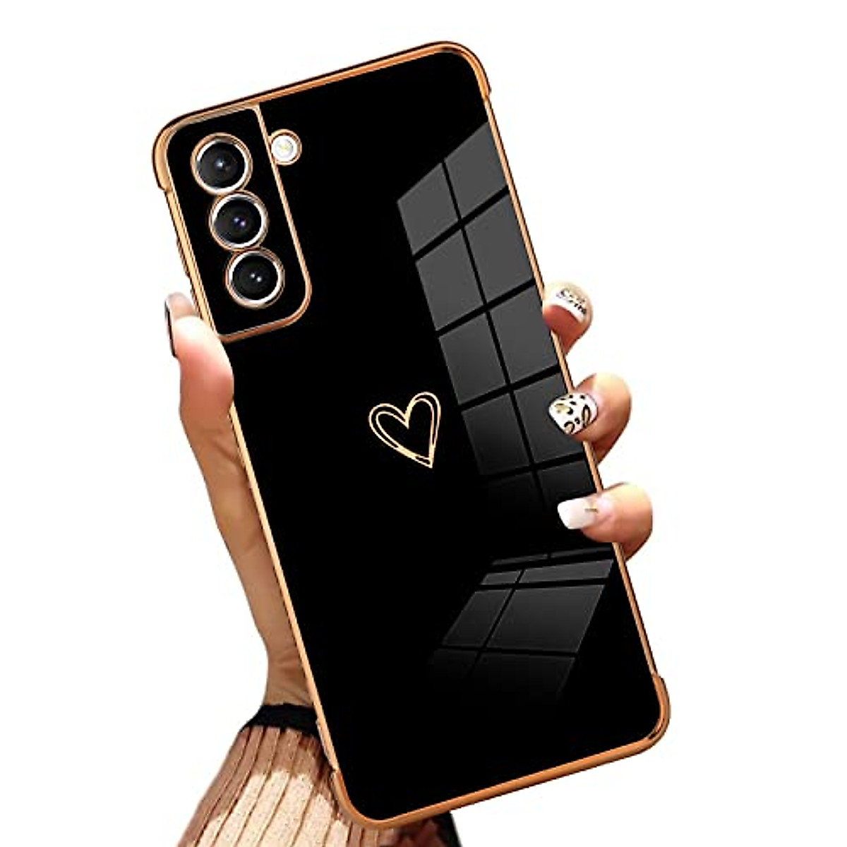 AIGOMARA Compatible Samsung Galaxy S22 Plus Case Heart Design Cute Plating Shockproof Protection Anti-Scratch Soft TPU Black Case for Galaxy S22 Plus 6.7 Inch - Black