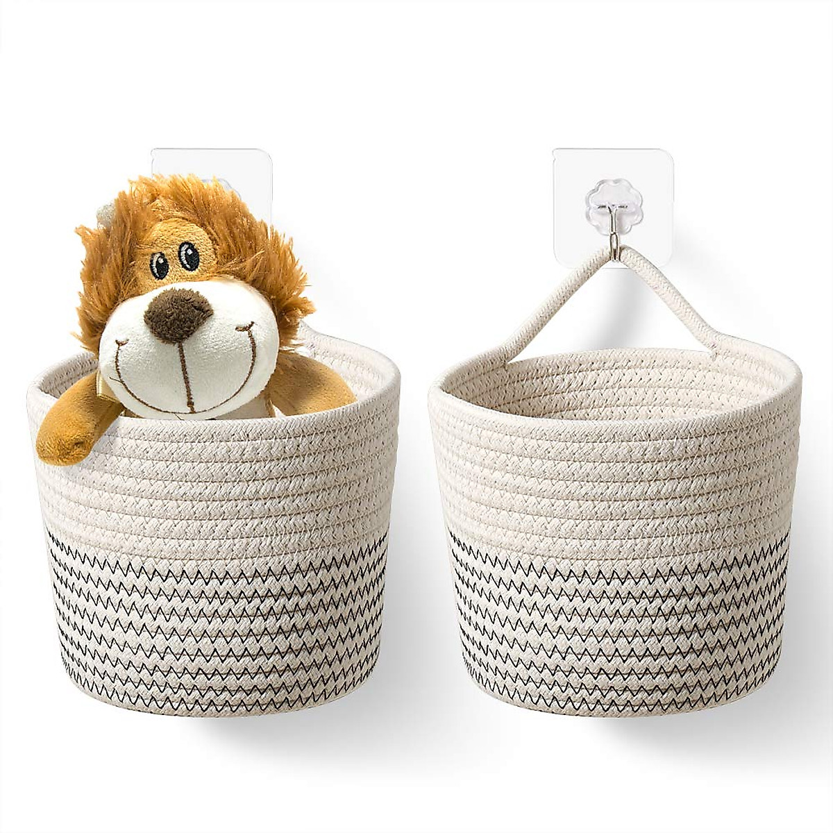 2pack Hanging Basket，100% Natural Cotton，With Free Hooks, Baby Nursery and Home Décor Cotton basket