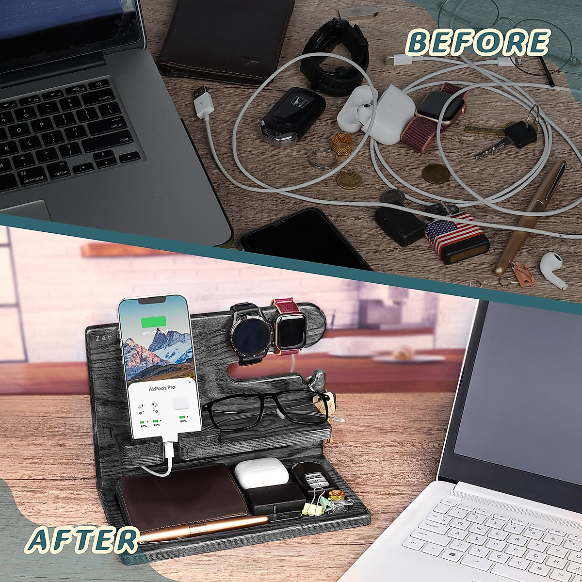 ZAPUVO Gifts for Dad Husband Men Christmas Xmas Birthday Ideas from Daughter Son Wife, Wood Phone Docking Station Nightstand Organizer, Unique Anniversary Stocking Stuffers for Him Boyfriend Gifts