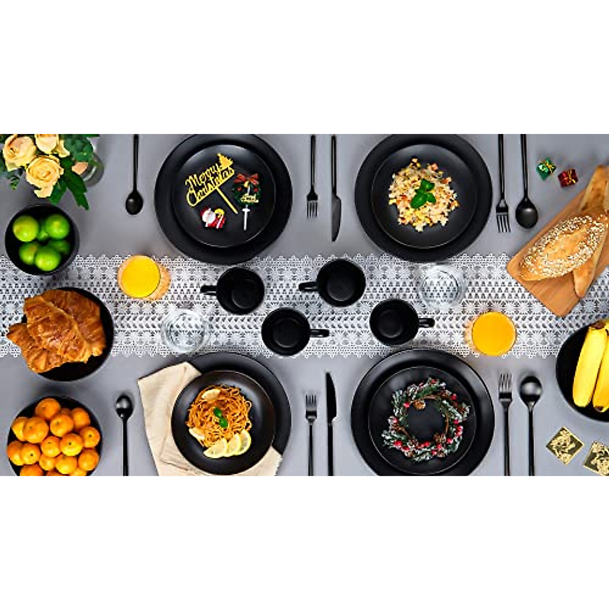 CREATIVELAND Round Stoneware Dinnerware Set Durable Kitchen and Dining,16 Piece Service For 4,Pasta Bowls,Large Salad Bowls,Porcelain Bowl,Wide and Shallow,Microwave and Dishwasher Safe, Matte Black.