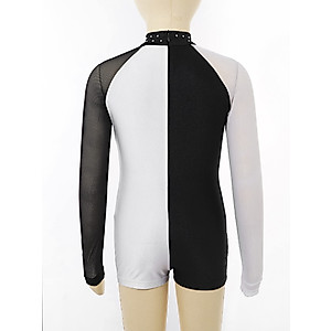 FEESHOW Leotards for Girls Gymnastics Children Long Sleeve Zipper Back Biketard Unitard Jumpsuit with Shorts Black&White 14 Years