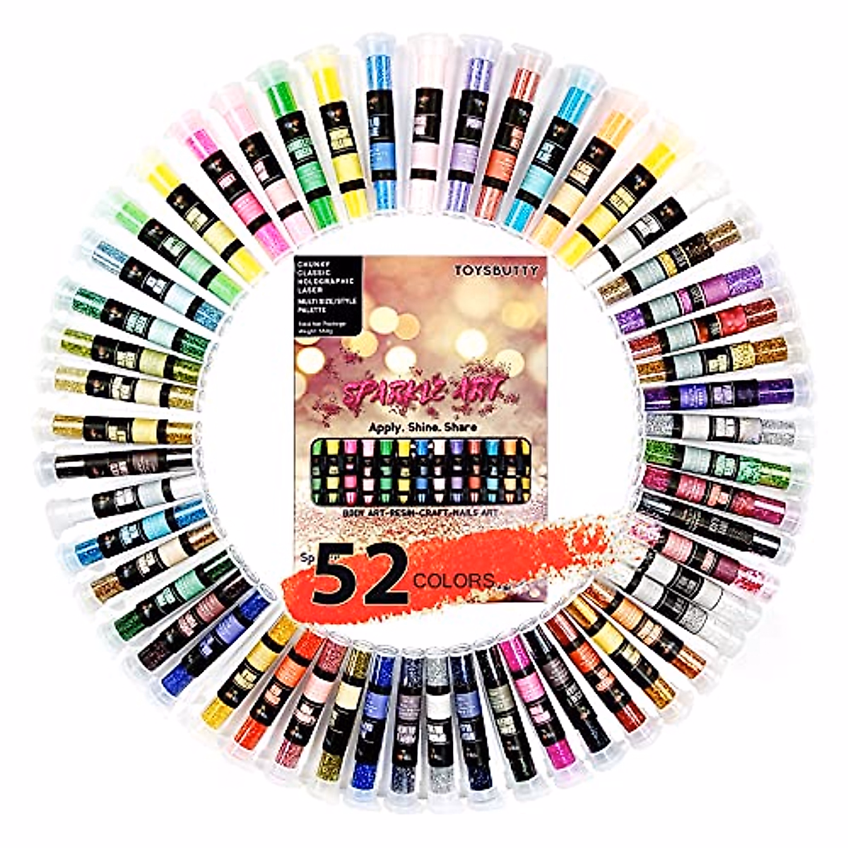 FINOCLAY Fine Glitter 52 Colours Holographic Shaker Tubes 260g Set for Epoxy Resin, Laser for Nail Art, Neon for Body Art, Chunky Iridescent Flakes, Art Crafts, Slime Supplies Gold Silver Glitter