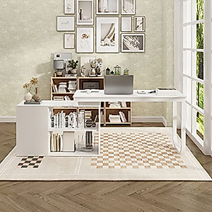 DiDuGo Office Desk with Drawers and Shelves, Home Office Desk L Shaped Desk with Metal Frame, Wood Corner Desk Computer Desk for Office Bedroom White