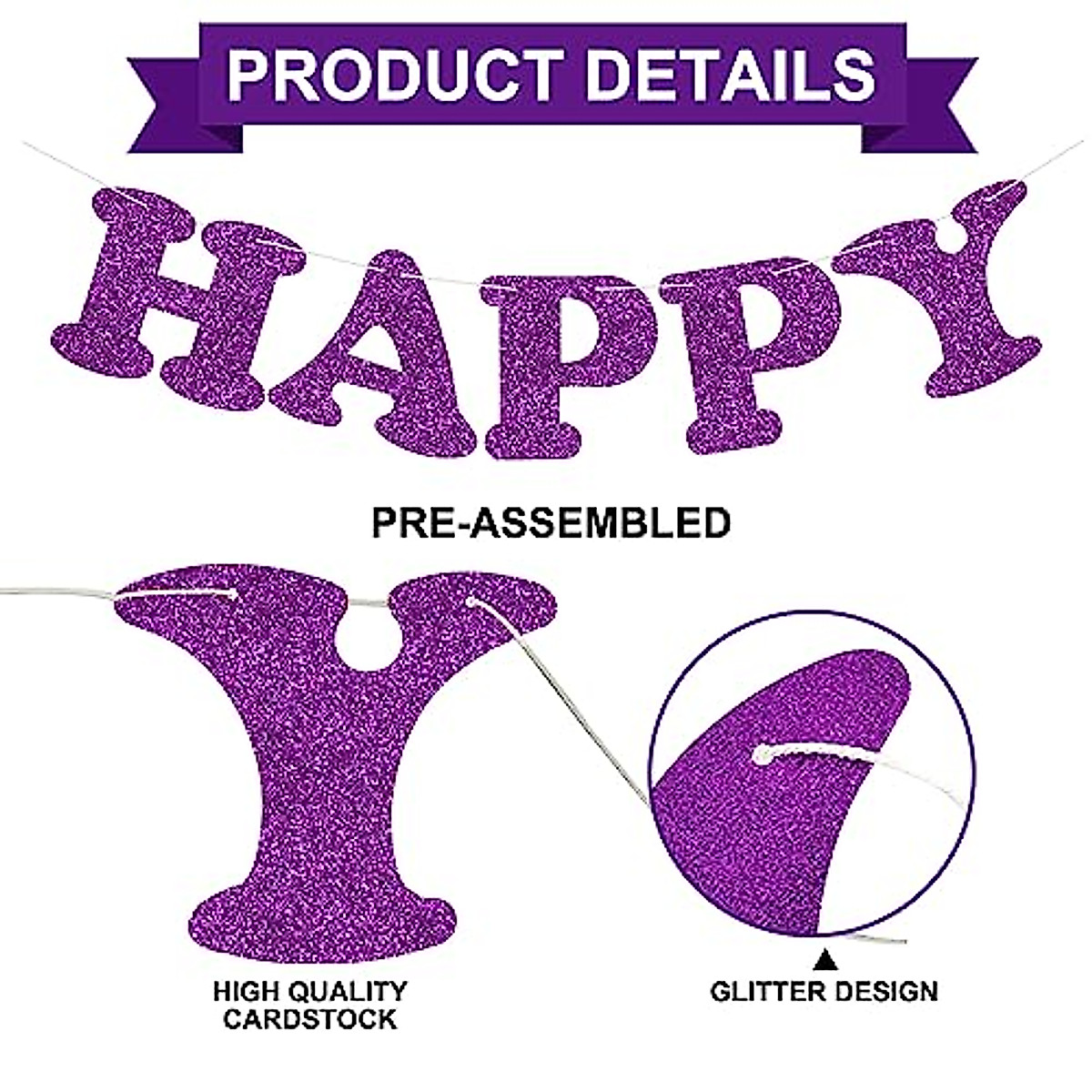 Purple Happy Birthday Banner - NO DIY -Purple Glitter Birthday Party Banner - Pre-Strung -Purple Birthday Garland Ready to Use Purple Birthday Party Decorations & Decor