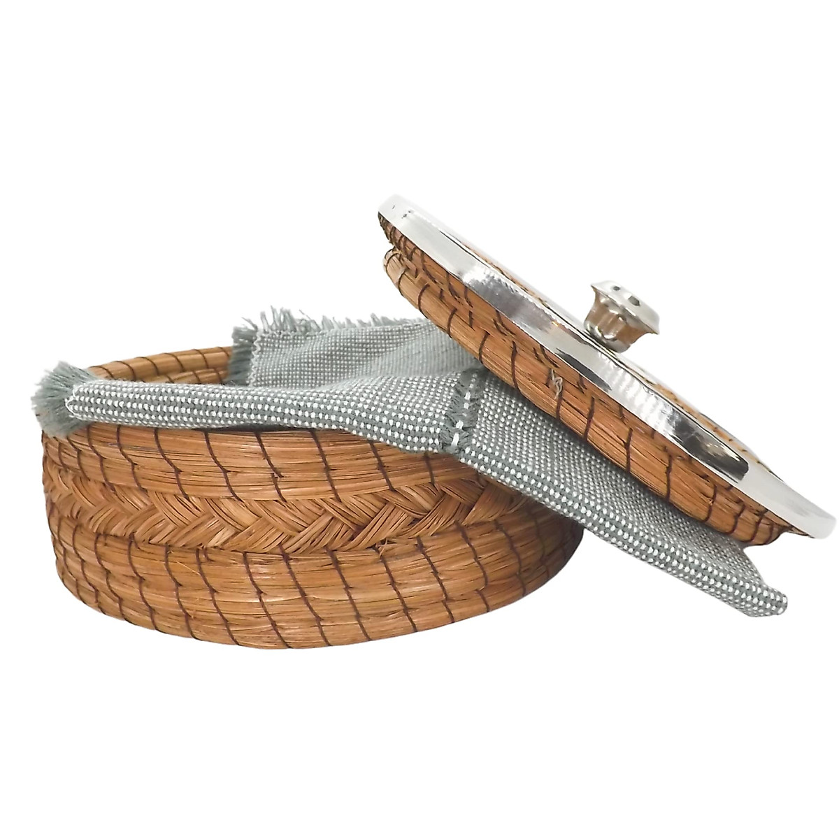 MEXTEQUIL - Authentic Mexican Tortilla Warmer Basket - Pine Needle Handwoven with Handloomed Cloth (Small Metal Rim w cloth)