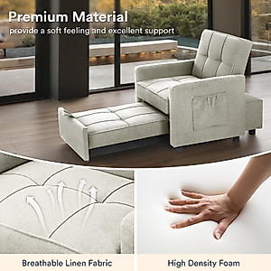 Rovibek Pull Out Sofa Chair 3 in 1 Convertible Sleeper Chair Bed Single Sofa Bed Chair Linen Sleeper Chair with Adjustable Backrest, Easy Assembly, White