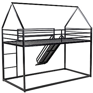 CITYLIGHT Metal Bunk Beds with Slide, House Bunk Bed Twin Over Twin with Roof, Kids Floor Bunk Beds with Built-in Ladder for Girls Boys Toddlers, Black