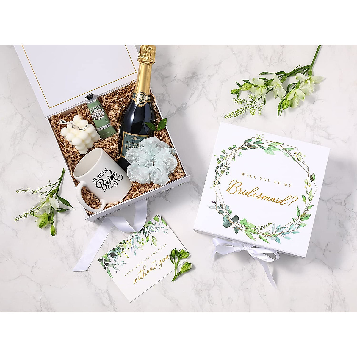 BRIGEL Bridesmaid Proposal Box Set of 3, 3 Will You Be My Bridesmaid Proposal Boxes for Bridesmaid Gifts, Leaf-Patterned White Box with Gold-Foiled Text, Magnetic Closure, and a White Ribbon