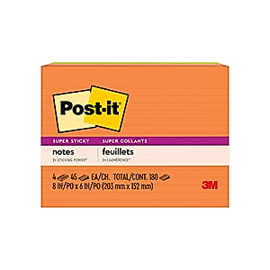 Post-it Super Sticky Notes, 8x6 in, 4 Pads, 2x the Sticking Power, Energy Boost Collection, Bright Colors, Recyclable (6845-SSPL)