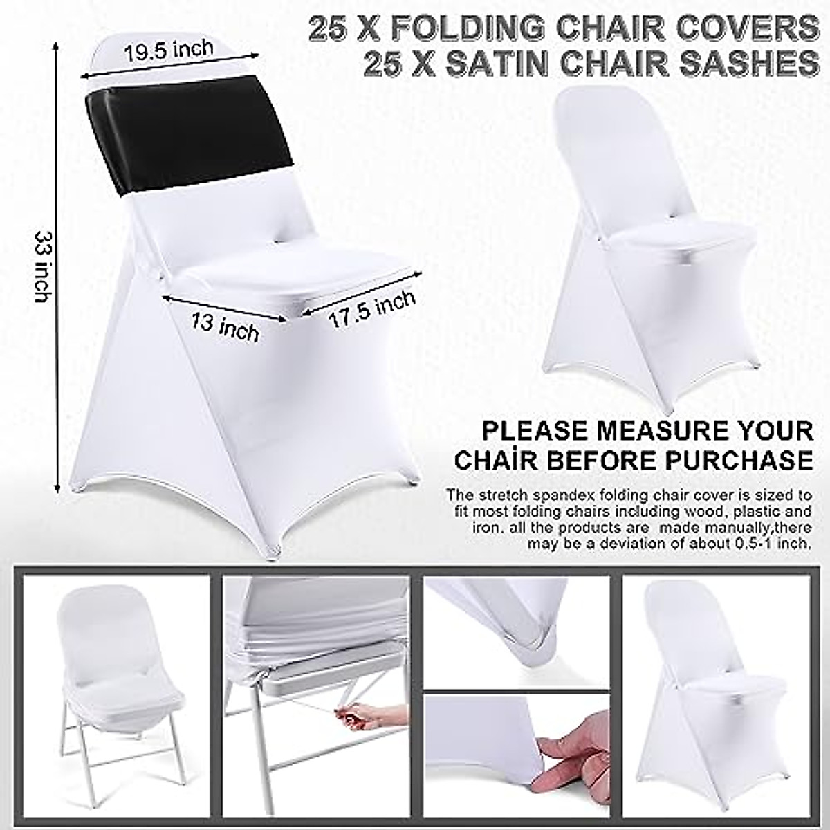 Lounsweer 50 Pcs Stretch Spandex Folding Chair Cover and Satin Chair Sashes Bows Chair Slipcovers Chair Ribbon Bows Washable Chair Cover Protector for Wedding Banquet Party (White, Black)