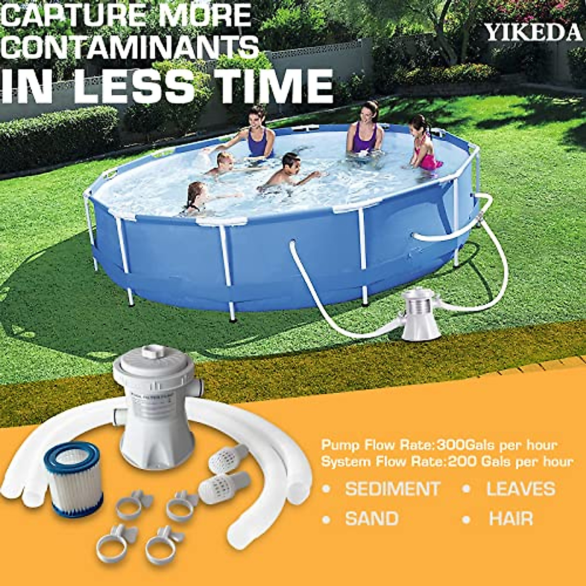 YIKEDA Ground Swimming Pool Filter Pump，300 GPH Pump Flow with a Filter Cartridge,Quickly Set Up Ground Swimming Pools