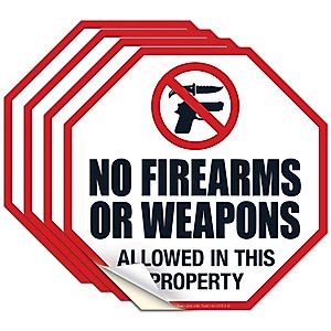 Sigo Signs - No Firearms Or Weapons Allowed in This Property Sign, (4 Pack) 5.5x5.5 Inches, 4 Mil Vinyl Decal Stickers UV Protected, Made in USA