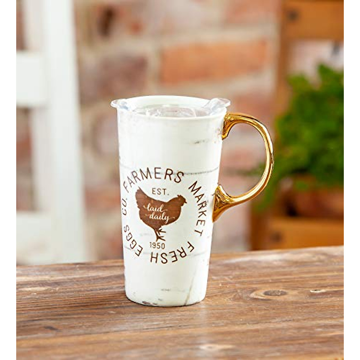 Cypress Home Farmhouse Chic Travel Mug - Farmers Market Ceramic Travel Cup - 5 x 7 x 4 Inches Insulated Coffee Tea Travel Cup