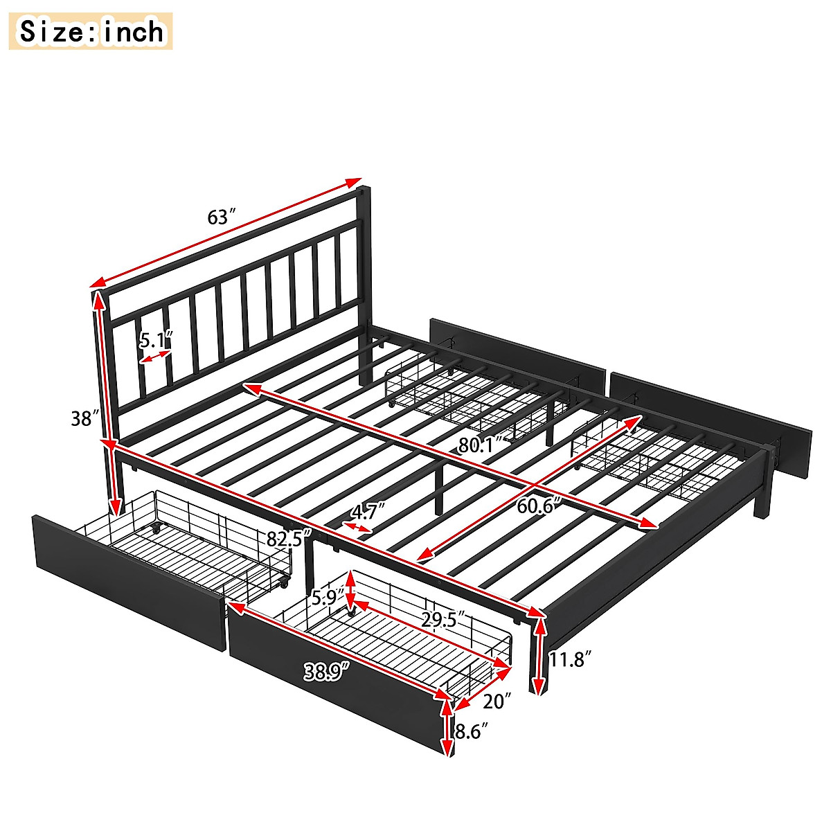 BIADNBZ Queen Size Storage Platform Bed with 4 Drawers,Sturdy Metal Low Bedframe with Headboard for Bedroom Guest Room,No Box Spring Needed, Black