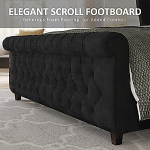 AMERLIFE Queen Size Platform Bed Frame, Velvet Upholstered Sleigh Bed with Scroll Wingback Headboard Footboard/Button Tufted/No Box Spring Required/Easy Assembly/Black