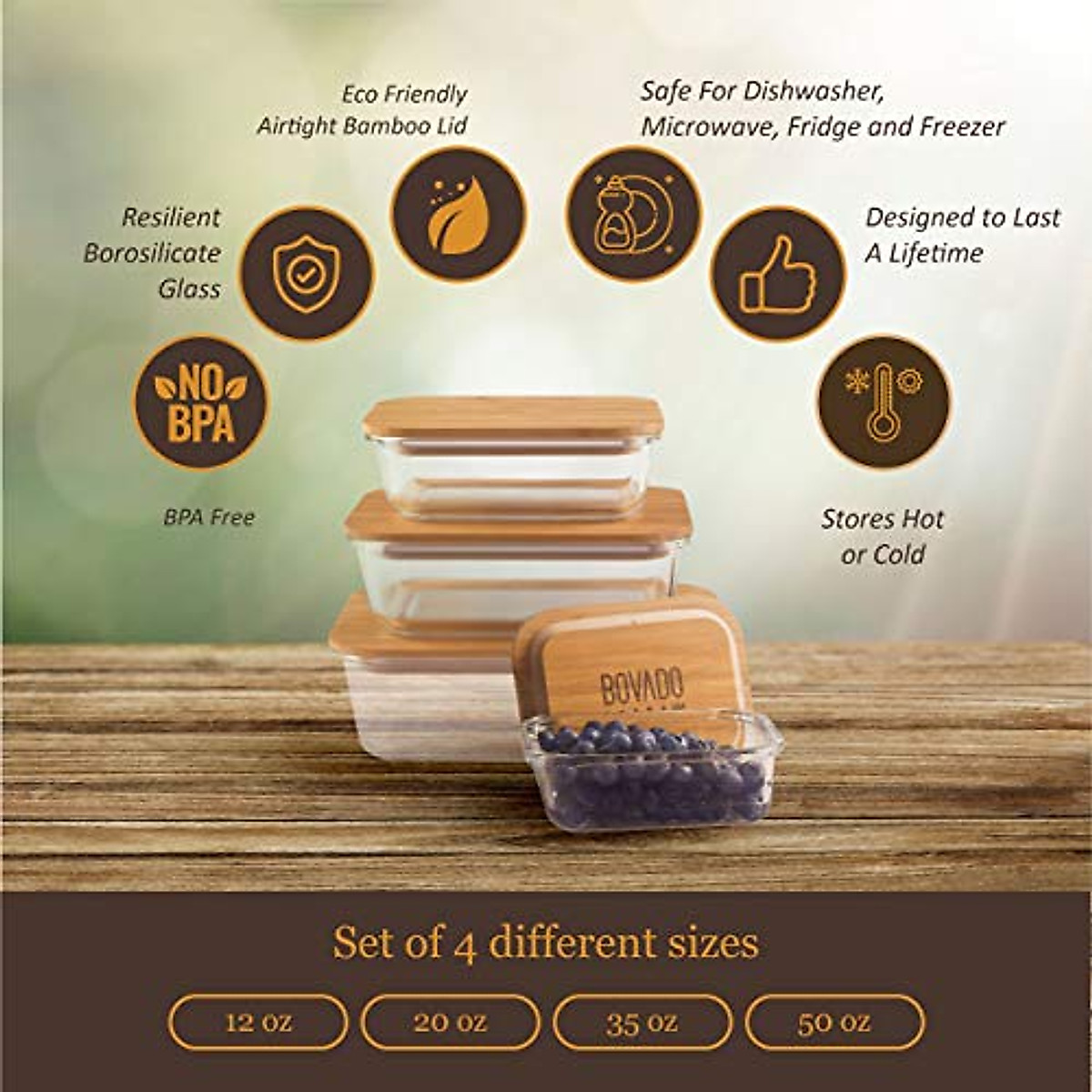 Bovado Set of 4 Rectangular Glass Food Storage Containers (12 oz + 20 oz + 35 oz +50 oz) with Eco-Friendly Bamboo Lids | 4 Bento Boxes for Meal Prep, Leftovers, Baking, Cooking & Lunch | BPA-Free