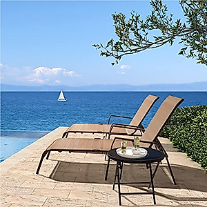 Flamaker Adjustable Patio Chaise Lounge Set 3 Pieces Textiline Outdoor Foldable Metal Reclining Chairs with Sturdy Glass Top Bistro Table for Beach, Poolside, Backyard, Porch (Beige)