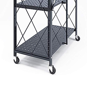 SogesHome Metal Foldable Shelf, 4-Tier Movable Storage Display Shelf Cart, Free-Standing Rack with Rolling Wheel for Kitchen, Living-Room, Bathroom, Bedroom, Black