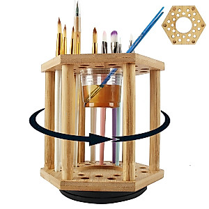LITAITAI Paint Brush Holder Bamboo Paint Brush Holder,Rotating Watercolor Paint Brush Holder Display Stand and Organizer with 24Holes and 1 Big Hole for Desk, Arts and Crafts (1PCS)