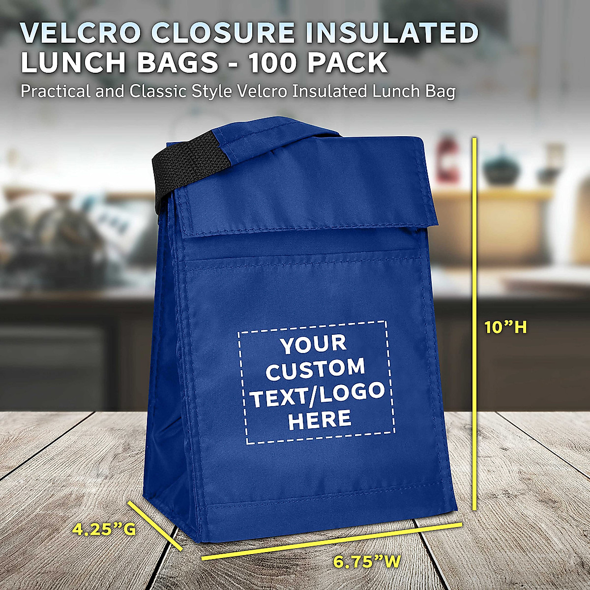 DISCOUNT PROMOS 100 Hook and Loop Insulated Lunch Bags Set - Customizable Text, Logo - Polyester, Durable, Vibrant, Reusable - Blue