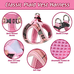 EXPAWLORER Classic Plaid Puppy Harness - Small Dog Harness and Leash Set - Dog Collar and Leash Set with AirTag Holder, Soft Padded Step in Dog Vest Harness No Pull Reflective for Outdoor, Pink S