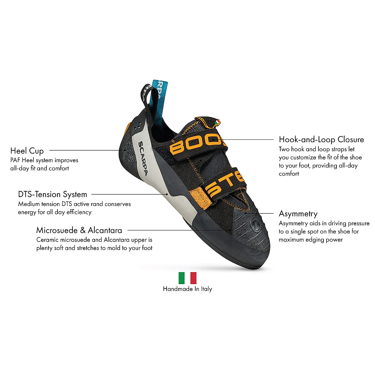 SCARPA Booster Vegan Rock Climbing Shoes for Sport Climbing and Bouldering - Specialized Performance for Sensitivity and Support - Black/Orange - 7