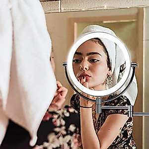 Jolitac 8.5 Inch LED Makeup Mirror Wall Mount, 10X/1X Magnification Chrome Personal Make Up Mirror Round Shaped, Double-Sided Swivel Vanity Mirror Touch Button Adjustable Light for Bathroom