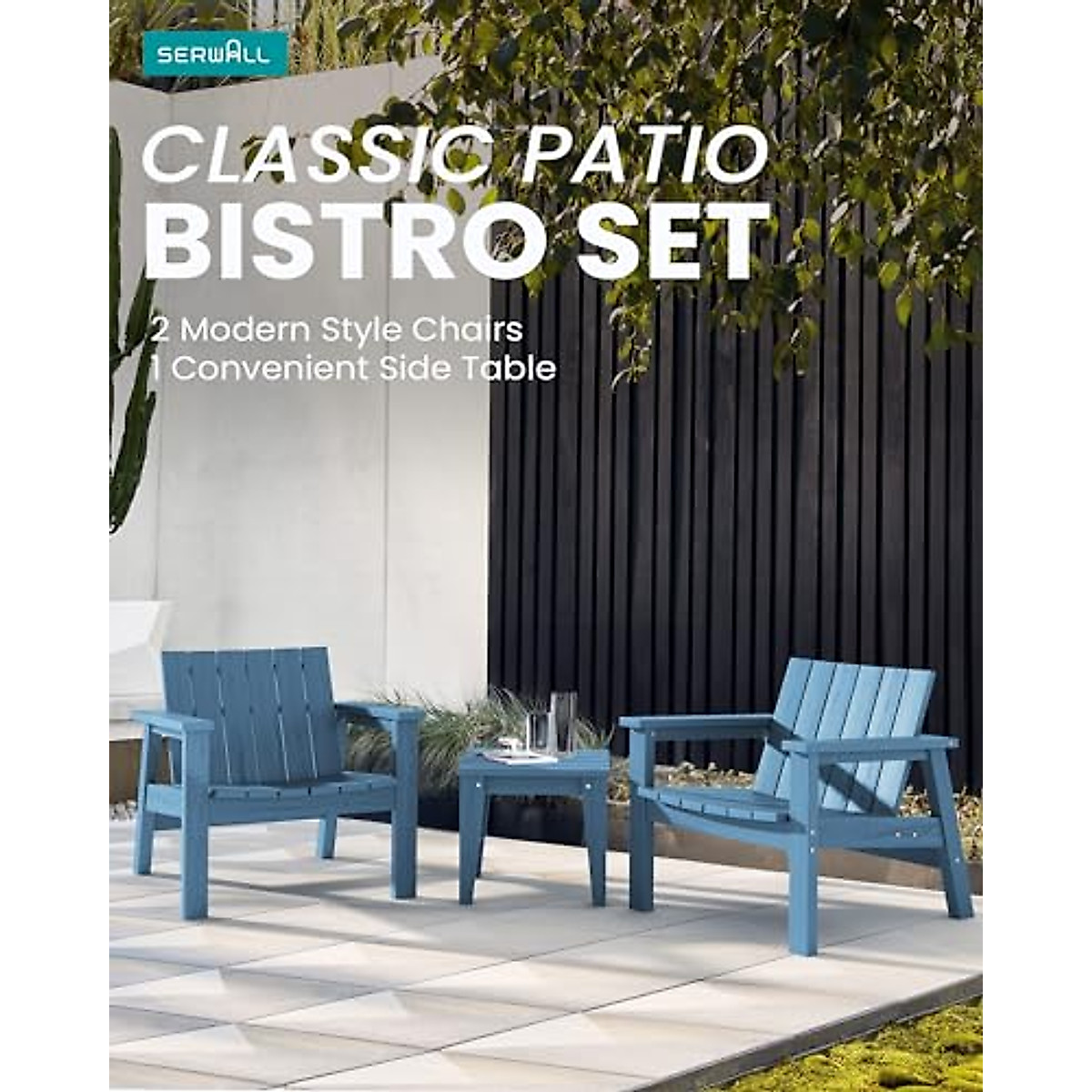 SERWALL Adirondack Chair Set with Side Table, HDPE Patio Bistro Set- Navy Blue