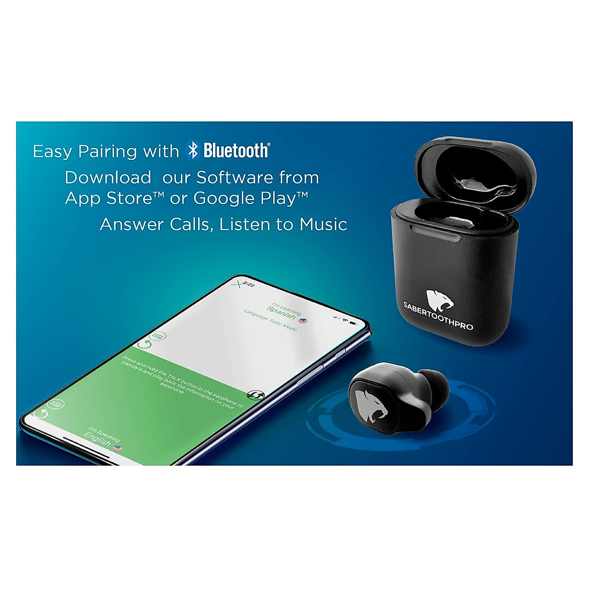 Sabertooth VLT450 Smart Voice Language Translator Single Ear Bud with Direct Talk Software to Complete Seamless Voice Language Translation, Translates up to 60 Languages, Compatible with IOS & Android