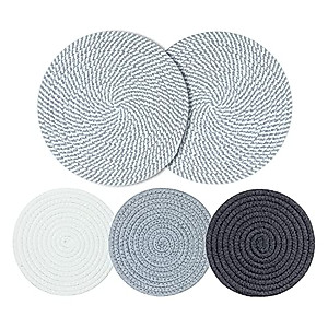 X Large 10 Inches Potholders Set 5 Pcs Trivets Set 100% Cotton Hand Woven Round Place Mats for Kitchen Absorbent, Insulated, Scratch Free Table Protection 2 Pcs 10" and 3 Pcs 7"