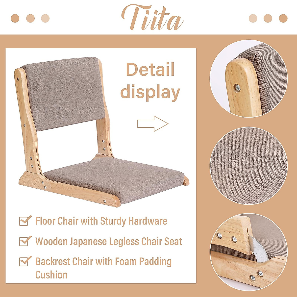 Tatami Chair Accent Furniture, Foldable Meditation Floor Chair, Folding Floor Chairs Seat, Portable Japanese Legless Chair, Back Rest Chair with Cushion, Wood Grey
